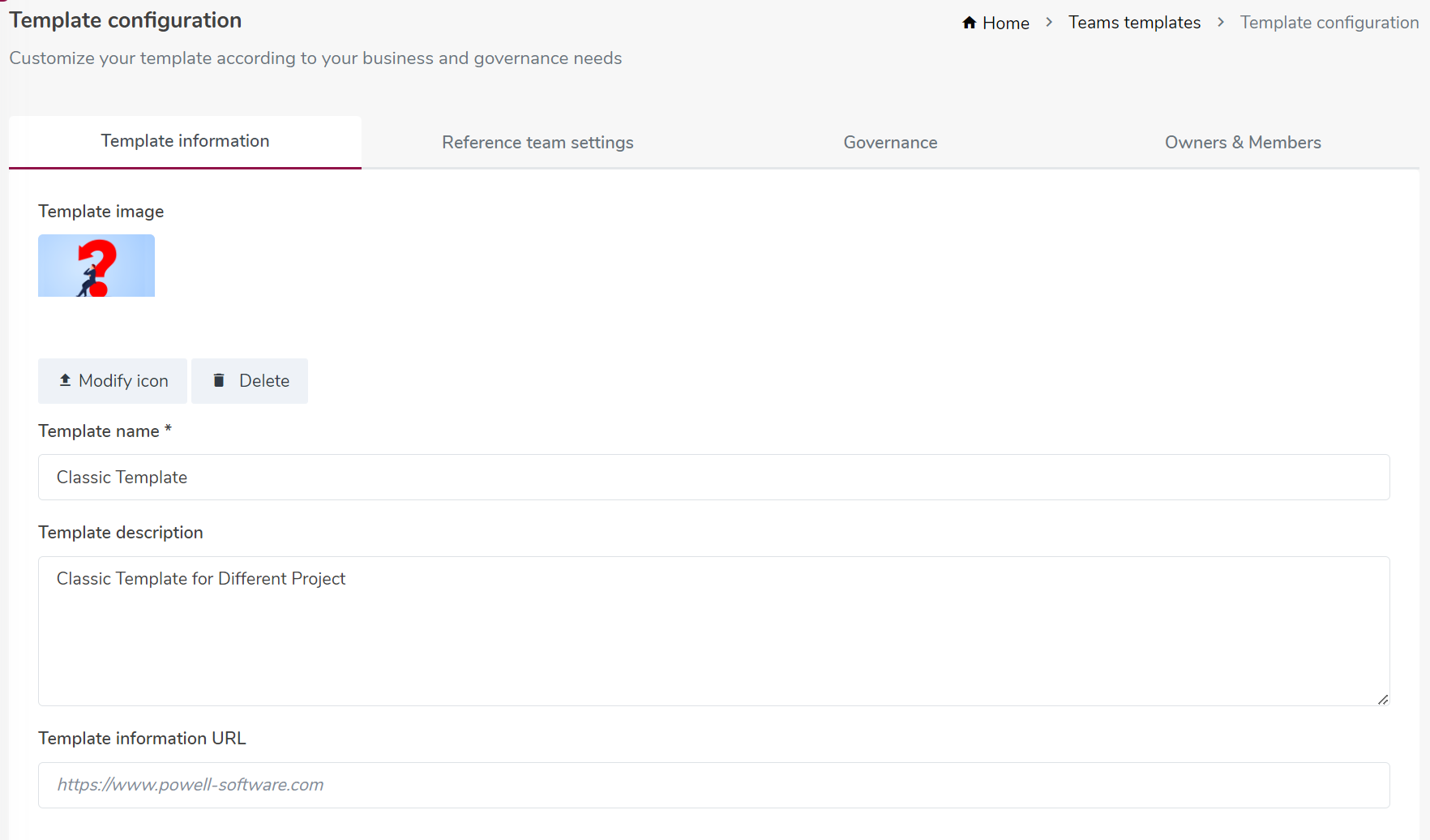 Team governance template settings – Help Center - Powell Software